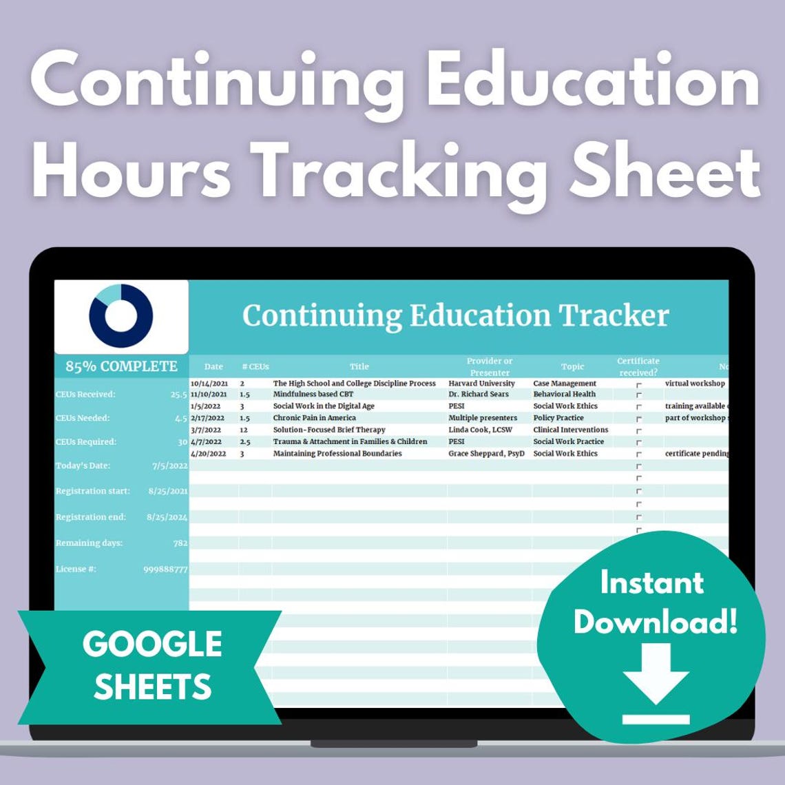 CEU Tracker | GOOGLE SHEETS | Continuing Education Hours Digital Log ...