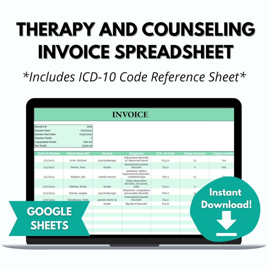 Therapy and Counseling Invoice Template | GOOGLE SHEETS | Therapist ...