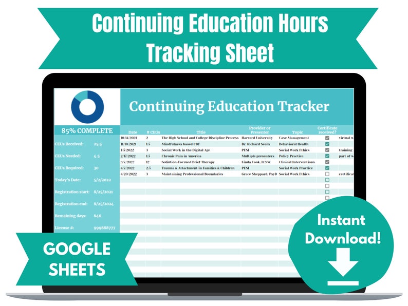 CEU Tracker GOOGLE SHEETS Continuing Education Hours Digital Log for ...