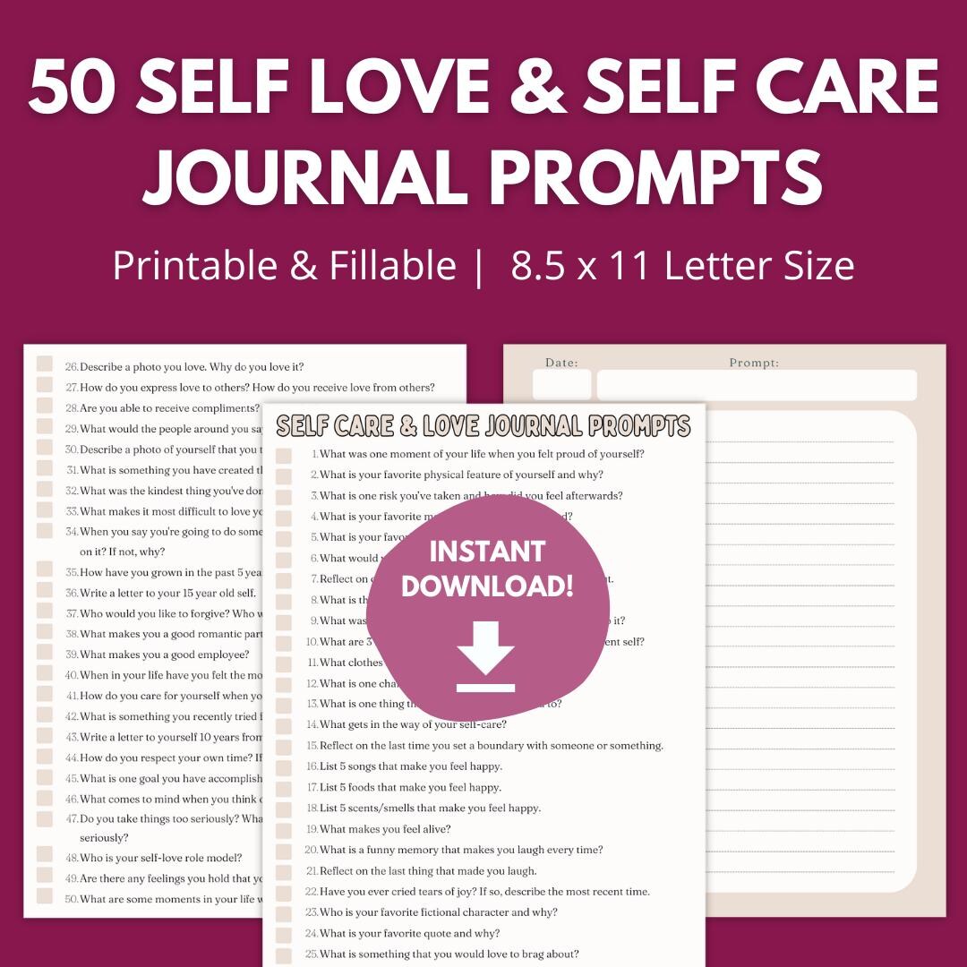 50 Self Care Journal Prompts | PRINTABLE & FILLABLE | Mental Health ...