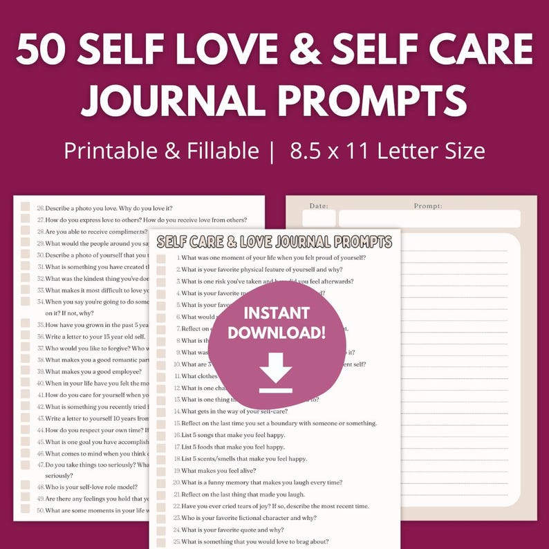 50 Self Care Journal Prompts | PRINTABLE & FILLABLE | Mental Health ...