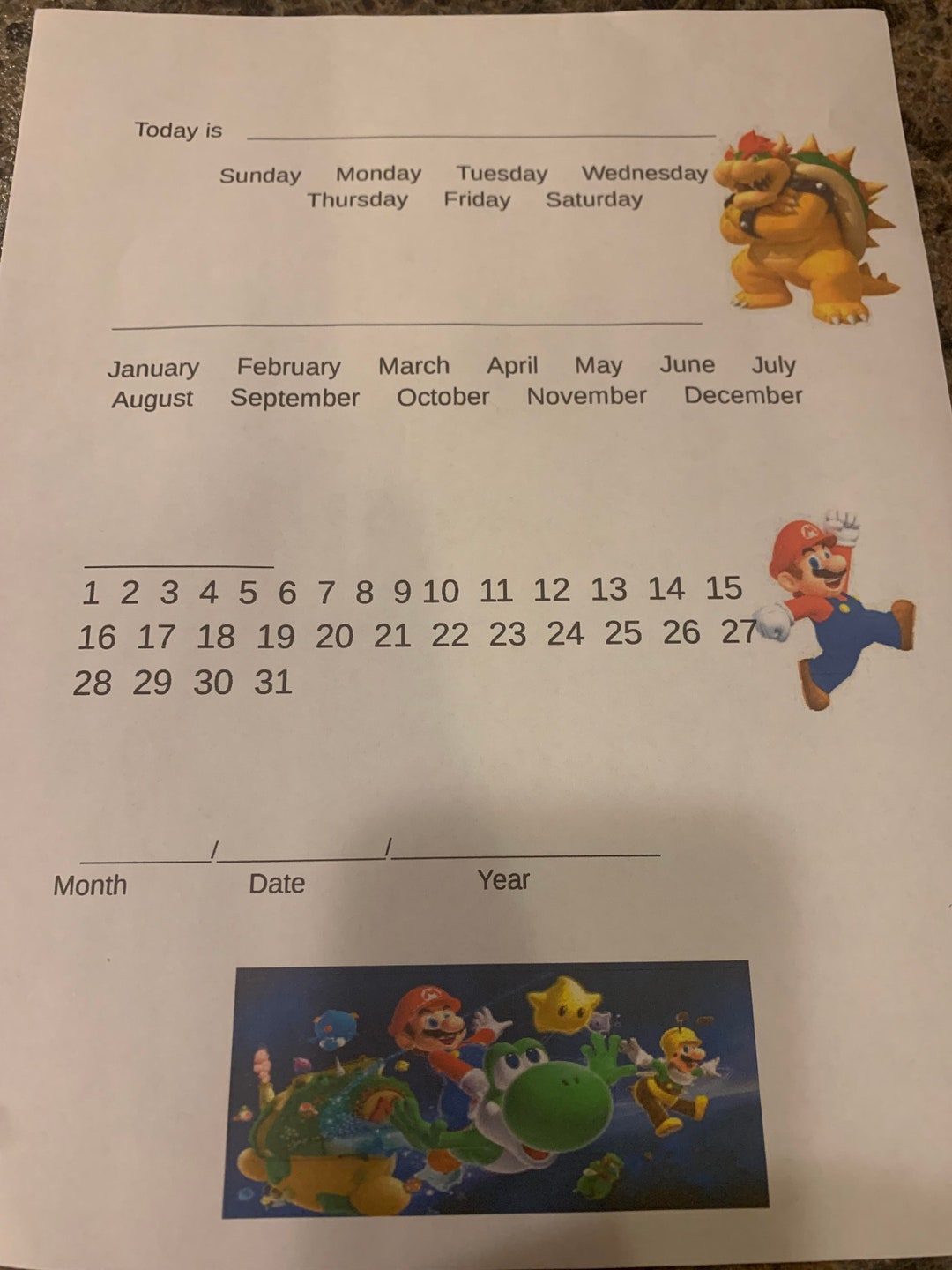 Mario and Friends Calendar Worksheet - Etsy