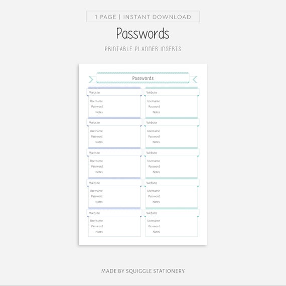 Passwords Planner Printable Download Template PDF - Etsy