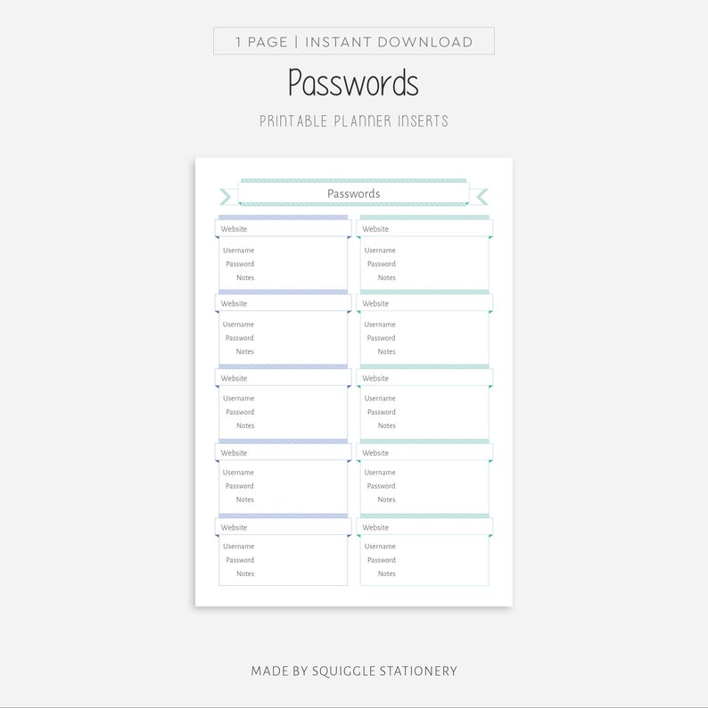 Passwords Planner Printable | Download Template PDF | Printable Planner ...