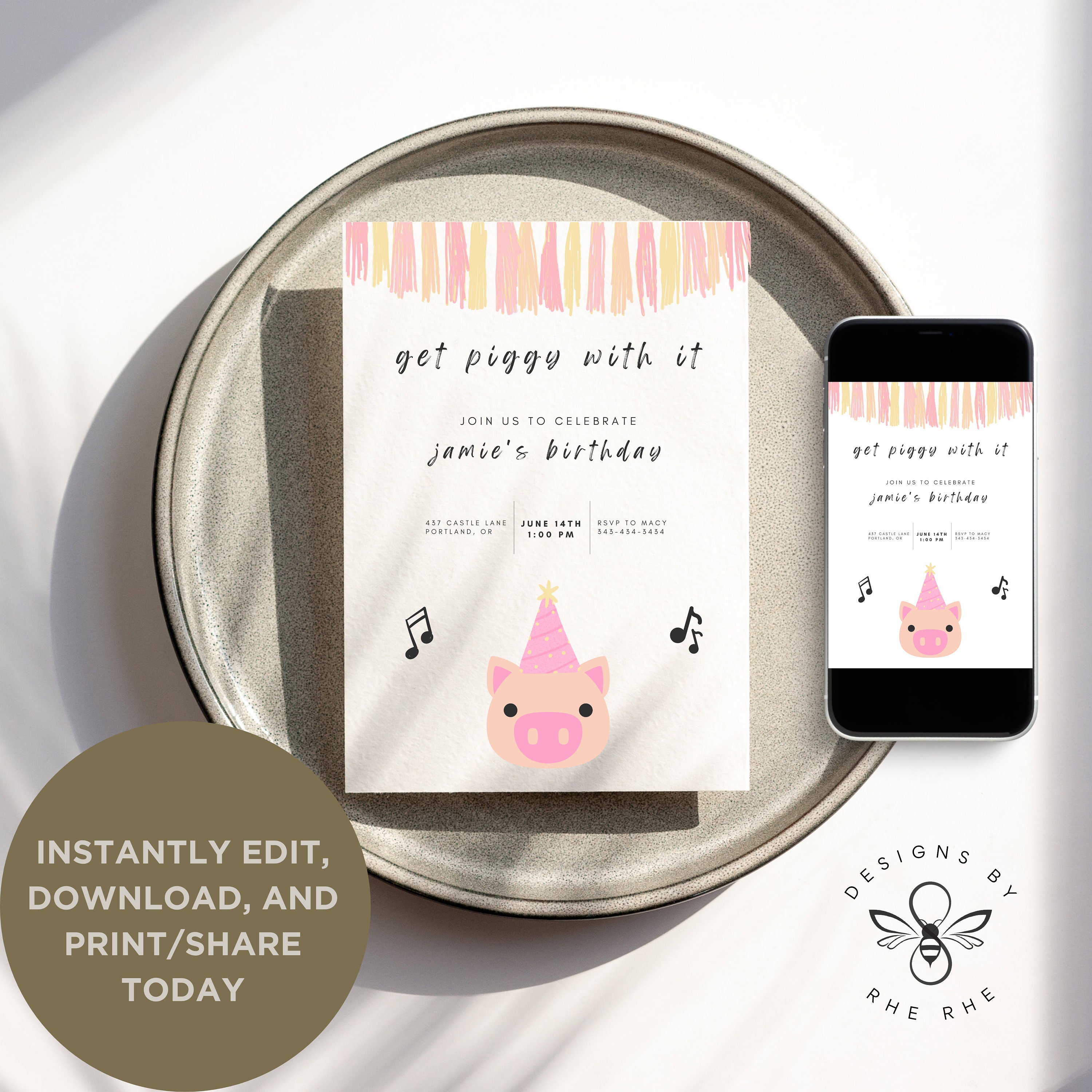 Editable Pig Party Invite, Get Jiggy With It, Get Piggy With It ...