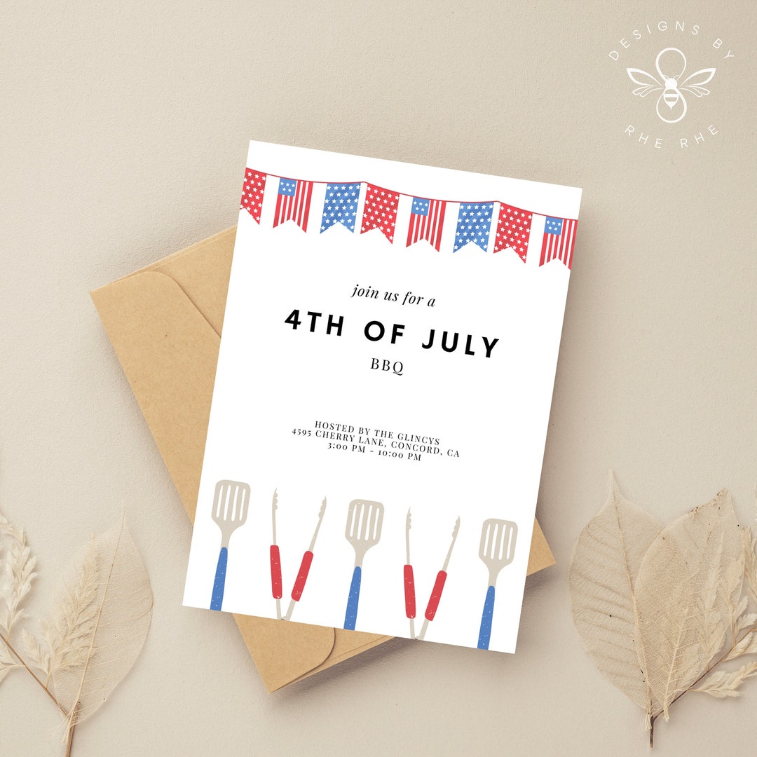 Editable 4th of July BBQ Barbeque Invite, Simple 4th of July Invitation ...