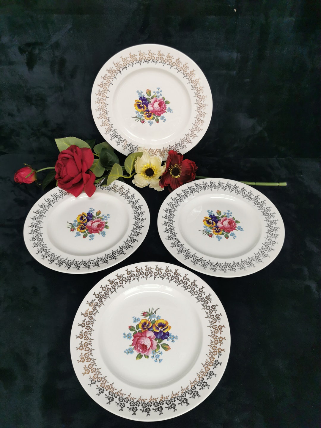 Vintage Empire Porcelain Dinner Plates: Golden Bouquet, 22kt Gold, Set ...