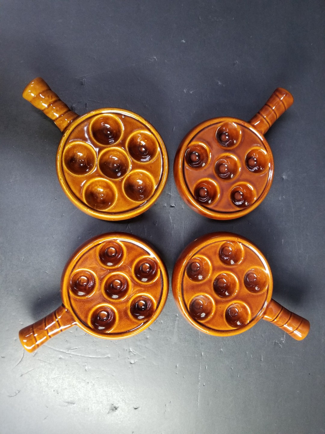 Vintage Escargot Snail / Mushroom Dish Server Brown Ceramic 6 Holes Set ...