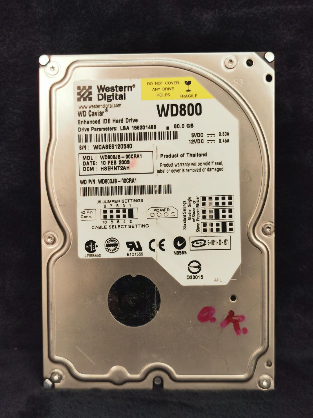 Vintage Western Digital WD Caviar WD800 Enhanced Ide Hard Drive Model ...