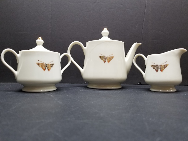 Vintage Japan Golden Butterflies Tea Set Beige and Gold Teapot Creamer ...