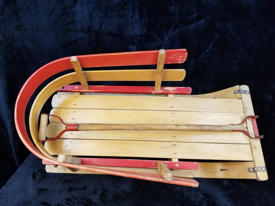 Vintage Wooden Sled With Steel Runners Red Accents & Wooden Handle - Etsy