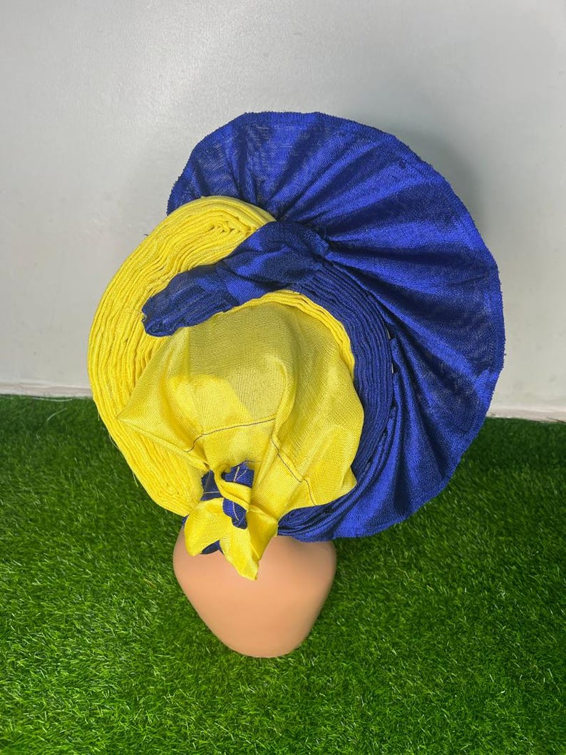 Blue and Yellow Auto Gele Ready to Wear - Etsy