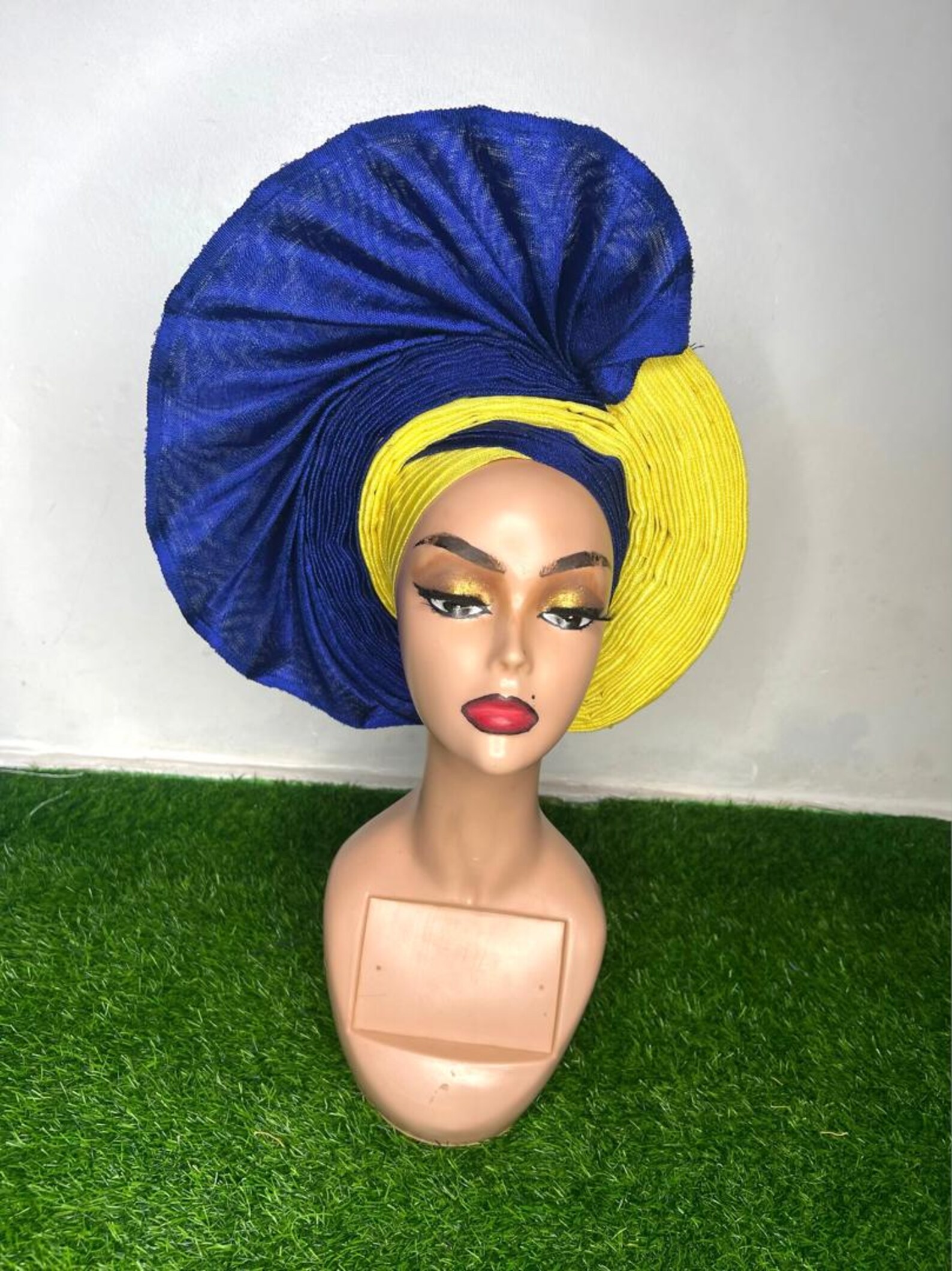 Blue and Yellow Auto Gele Ready to Wear - Etsy