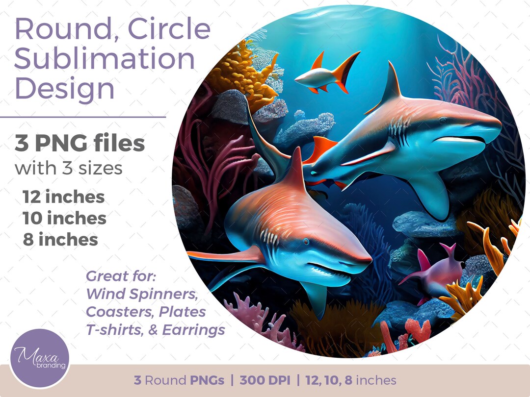 Sharks Round Sublimation Design. Colorful Nautical Ocean PNG for ...