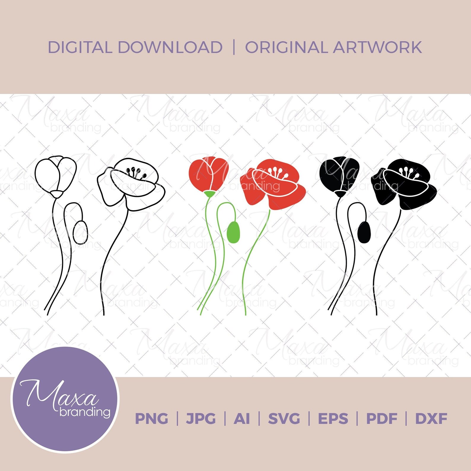 Poppy Flowers Clipart in Svg, Png, Dxf, Jpg, Pdf, Ai, Eps. Simple ...