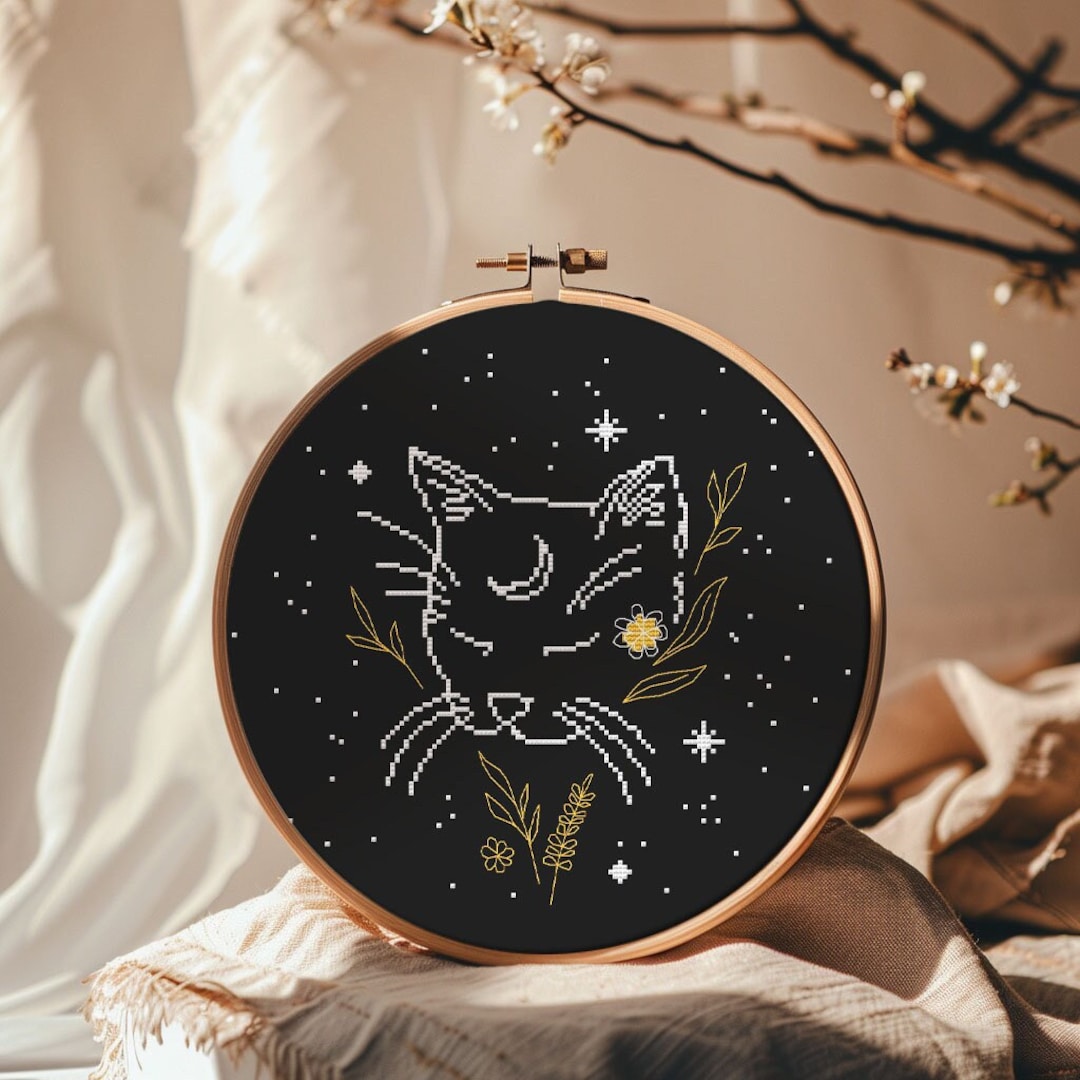 Moon Cat Cross Stitch Pattern PDF - Witchy Dark Floral Simple Modern ...