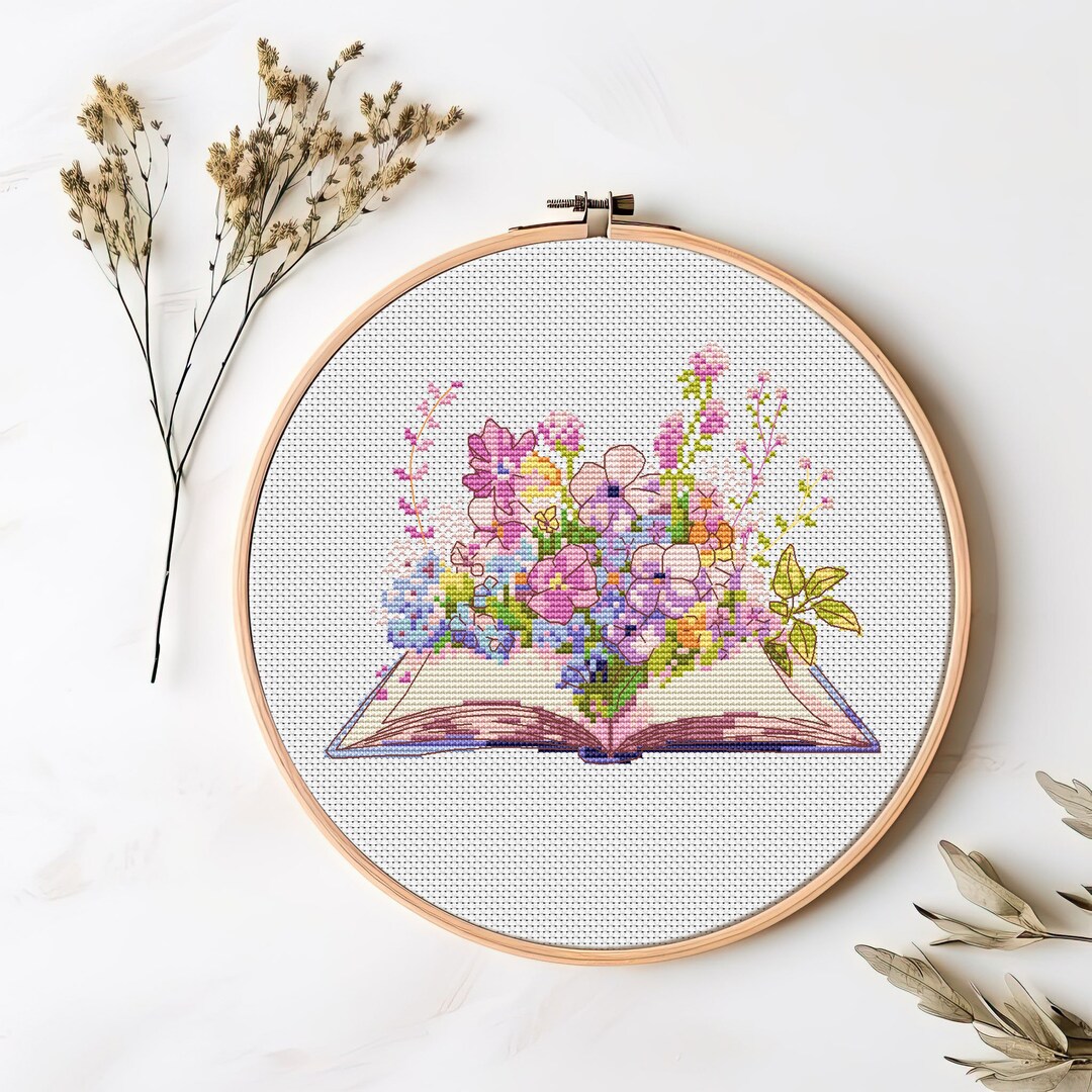 Open Book Cross Stitch Pattern PDF Teacher Gift Book Lovers Gifts Floral Bookish Funny Modern ...