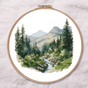 River Forest Cross Stitch Pattern PDF - Mountain Embroidery Woodland ...