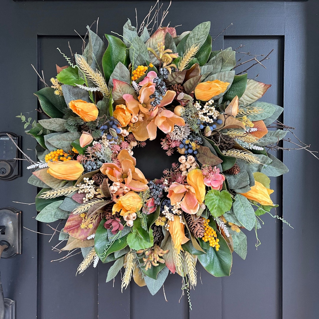 Fall Wreath, Flowers Harvest Wreath With Berries, Pinecones, Squash and ...