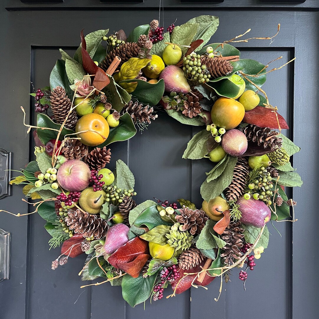 Fall Wreath With Apples and Pears, Autumn Fruit Wreath, Thanksgiving ...