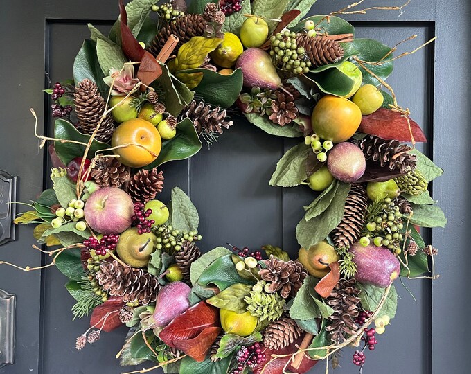 Fall Wreath With Apples and Pears, Autumn Fruit Wreath, Thanksgiving ...