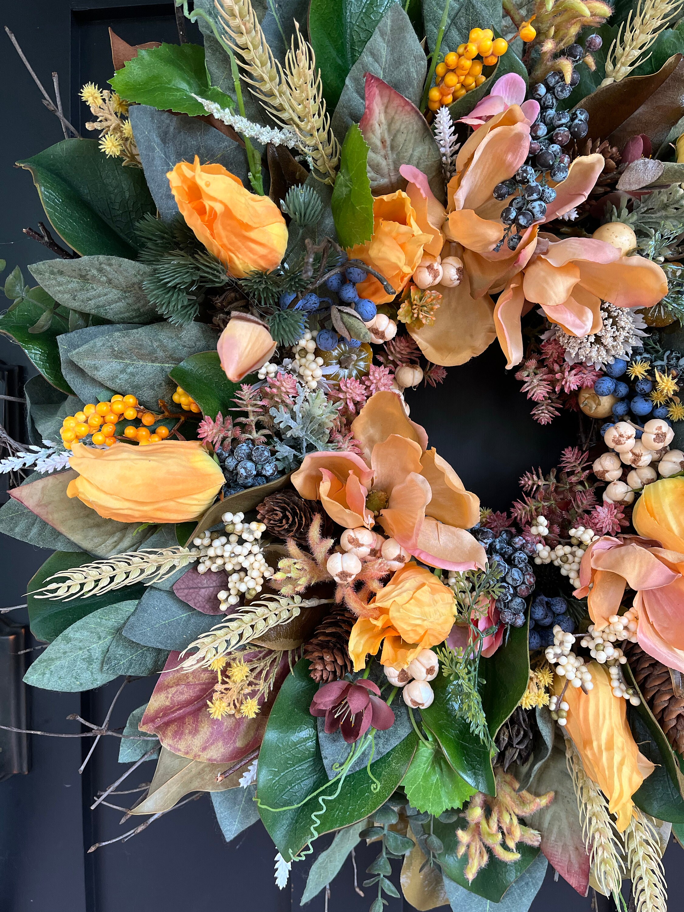Fall Wreath, Flowers Harvest Wreath With Berries, Pinecones, Squash and ...