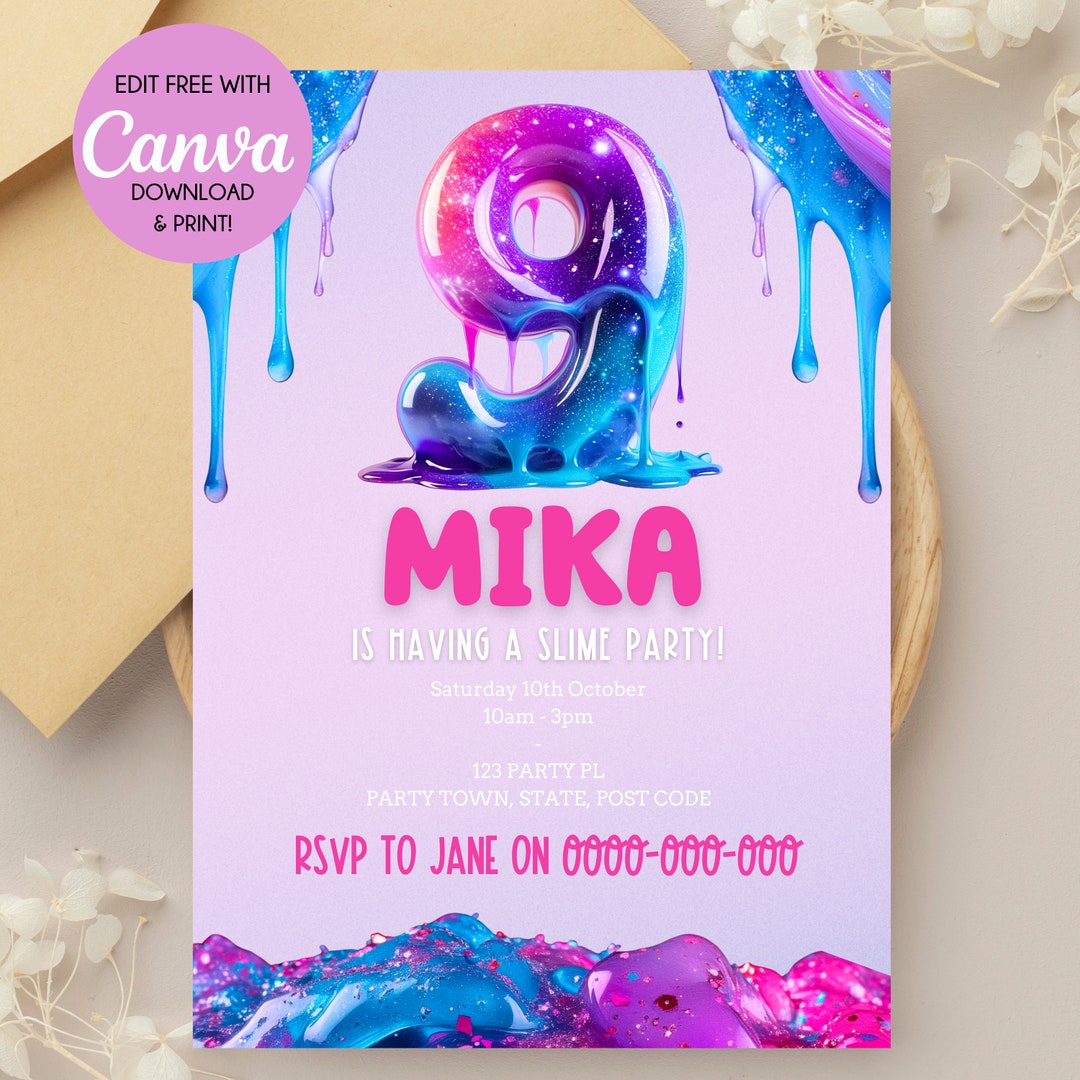 Editable Slime 9th Birthday Themed Party Invite Pink Purple Blue Ninth ...