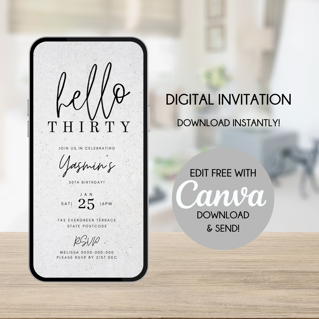 30th Birthday Invitation Canva Editable PDF PNG Jpg File Digital Evite Mobile Personalised ...