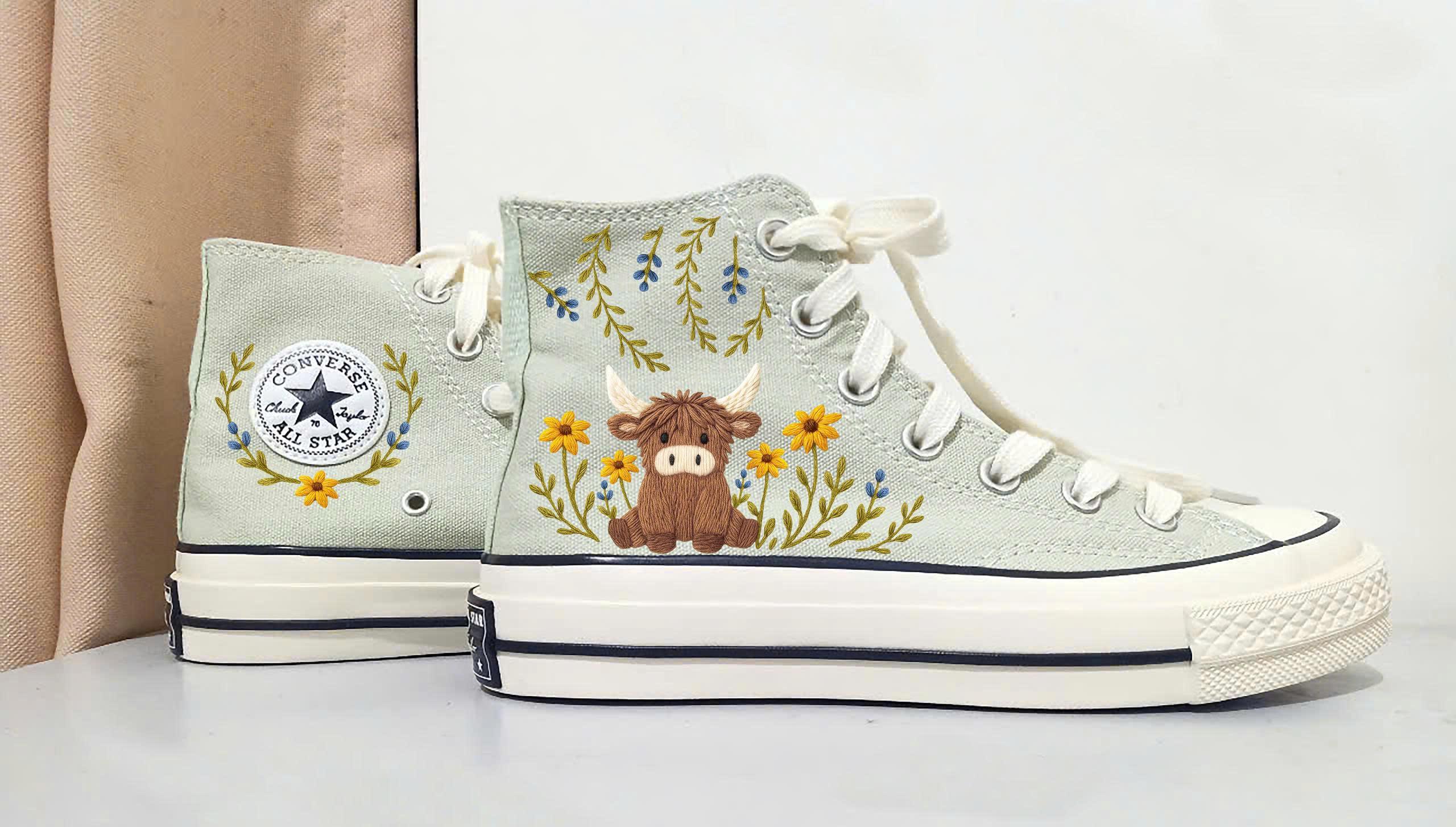 Embroidered Cow & Daisy Converse Sneakers: Custom Embroidery Anime and ...