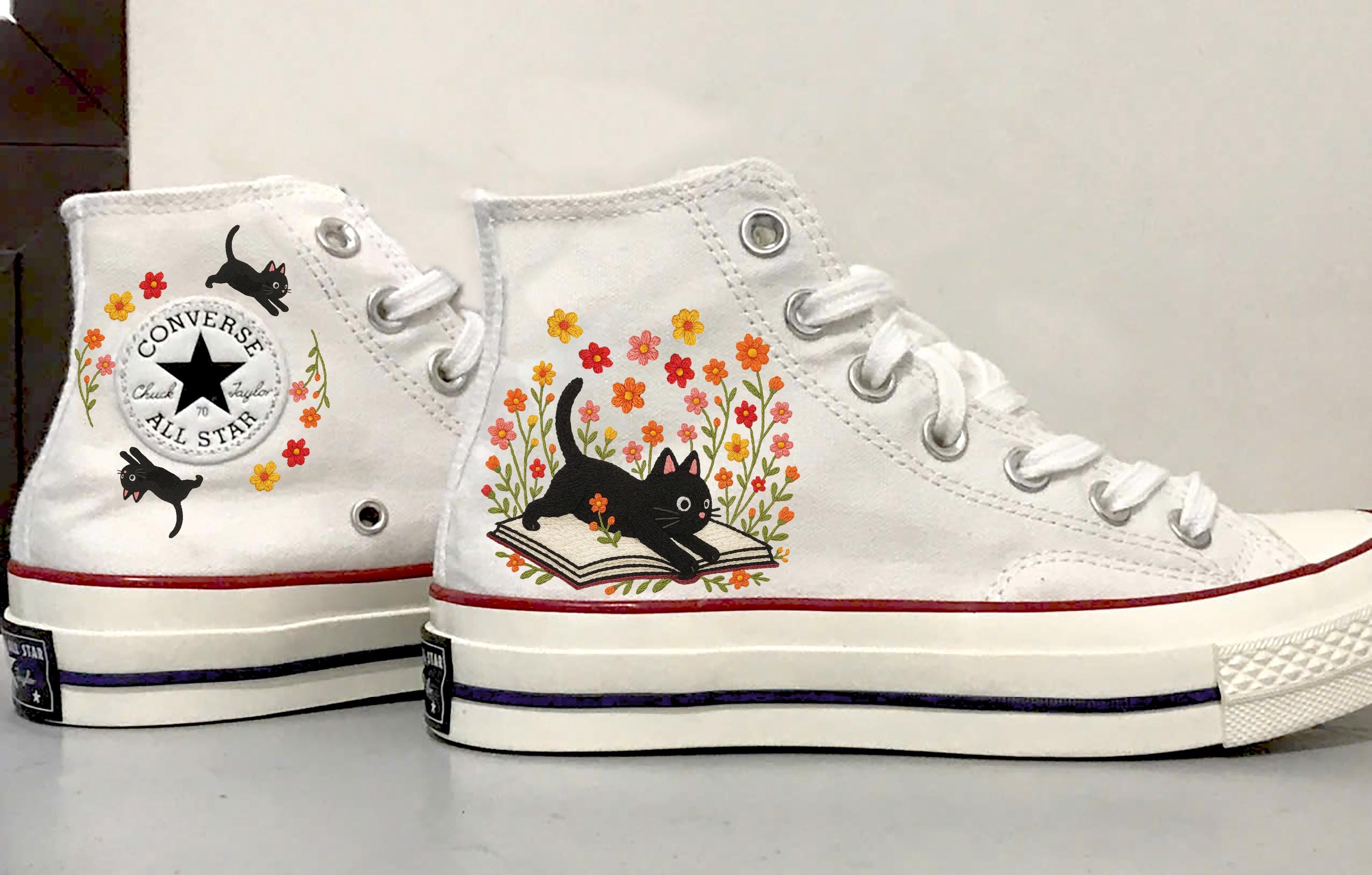 Converse High Top Embroidered Book and Daisy: Floral & Cat Embroidered ...