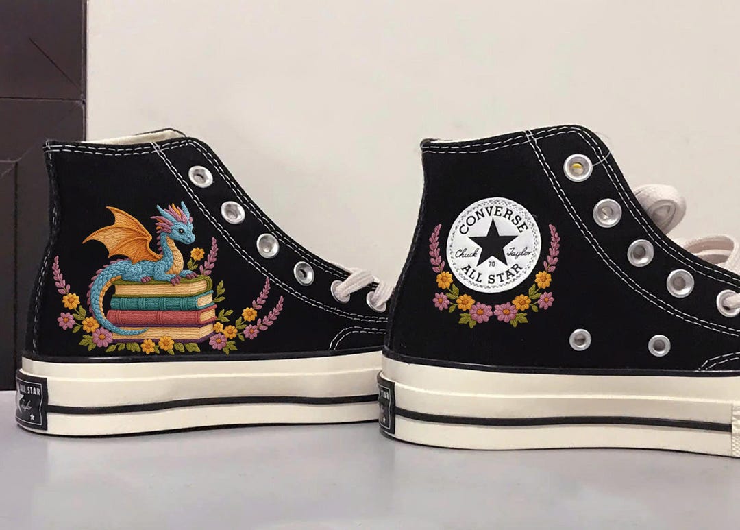 Embroidered Dragon Converse Sneakers - Book and Floral Embroidered Shoe ...