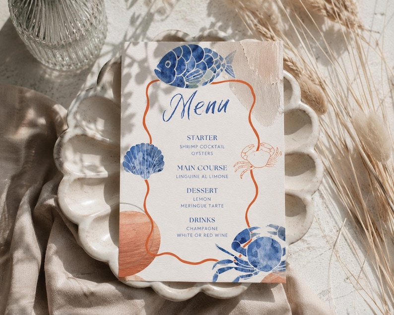 Mediterranean Seafood Menu Template | Coastal Beach Wedding Reception ...
