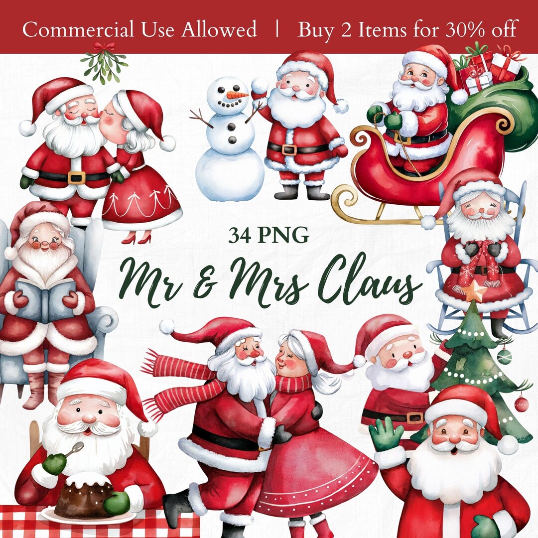 Mr & Mrs Claus PNG Bundle, Watercolor Santa Clipart Design, Classic ...