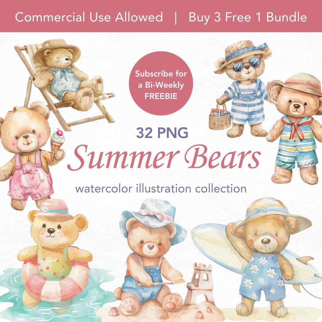 Summer Teddy Bear PNG Bundle, Summer PNG, Cute Bear Clipart, Watercolor ...
