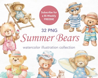 Summer Animal Faces, Summer PNG, Summer Animal Clipart, Watercolor ...