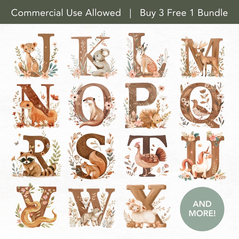 Boho Woodland Alphabet Clipart, Watercolor Animal Letters, Nursery ...