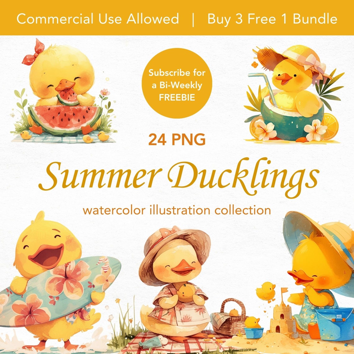 Summer Ducklings Clipart, Watercolor Animals PNG, Summer PNG, Cute ...