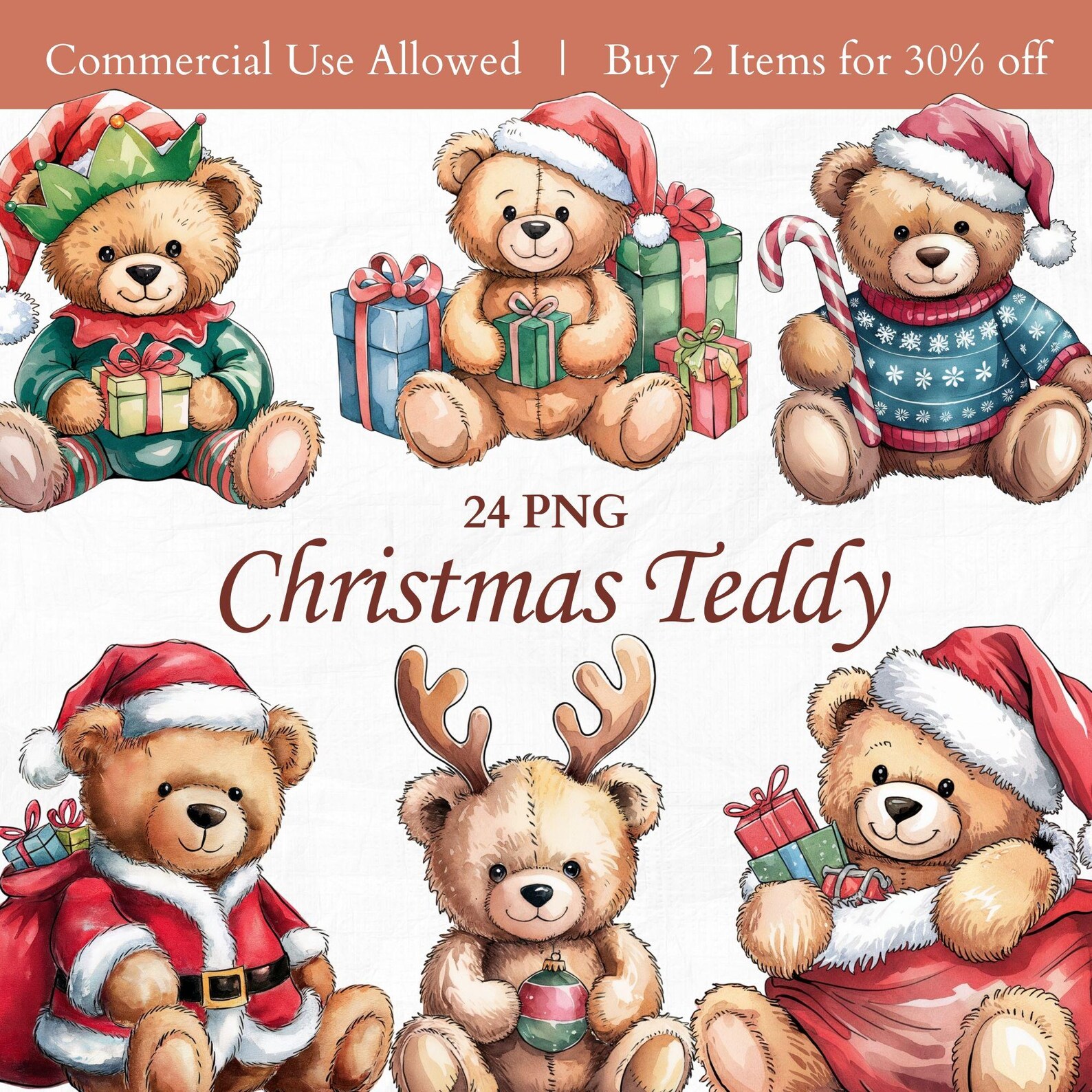 Christmas Teddy Bear Clipart Bundle, Watercolor Cute Xmas Bears PNG ...