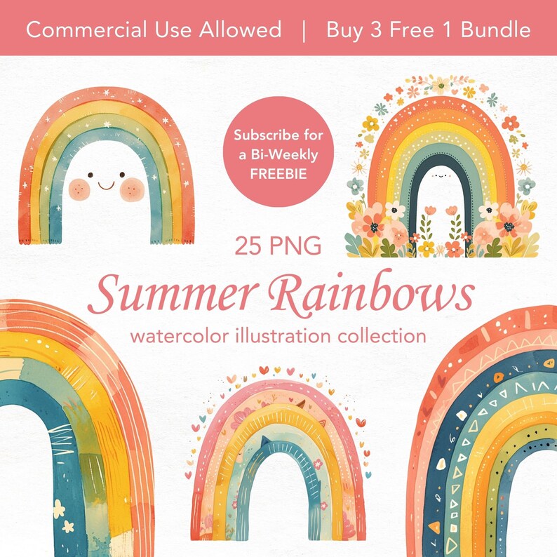 Summer Rainbow Clipart, Watercolor Rainbow PNG, Summer PNG, Boho ...