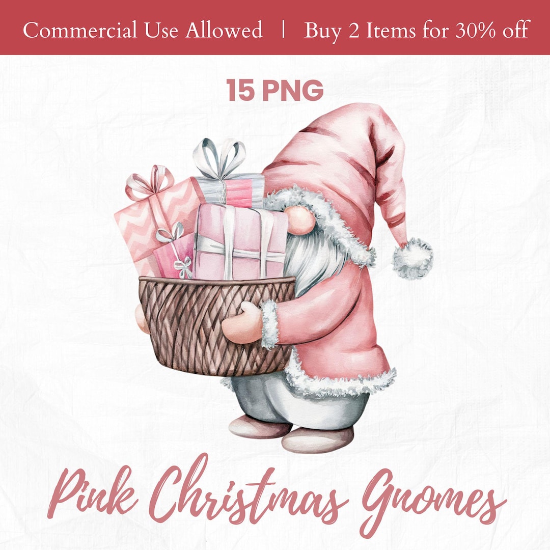 Watercolor Pink Christmas Gnome Clipart Bundle, Cute Pink Festive ...