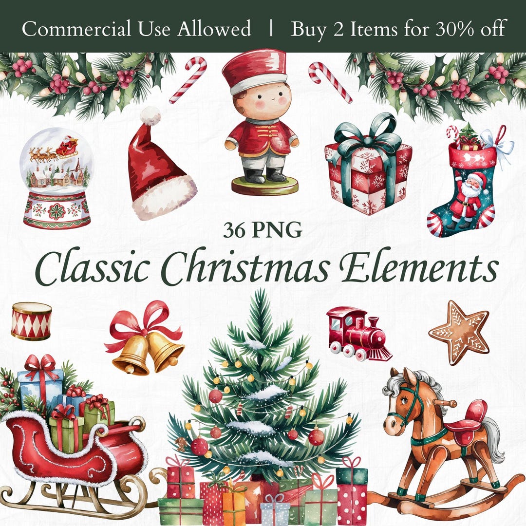 Classic Christmas Elements PNG Bundle, Watercolor Whimsical Christmas ...