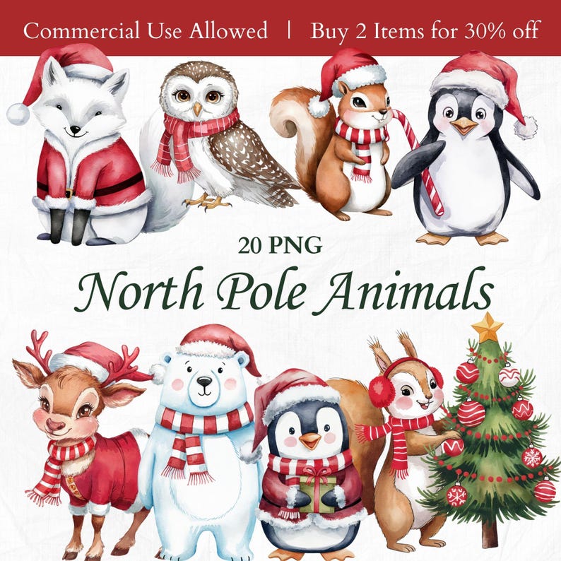 North Pole Christmas Animals PNG Bundle, Winter Santa Village Animal ...