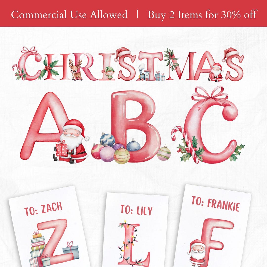 Christmas Alphabet PNG, Christmas Letters Clipart Bundle, Watercolor ...