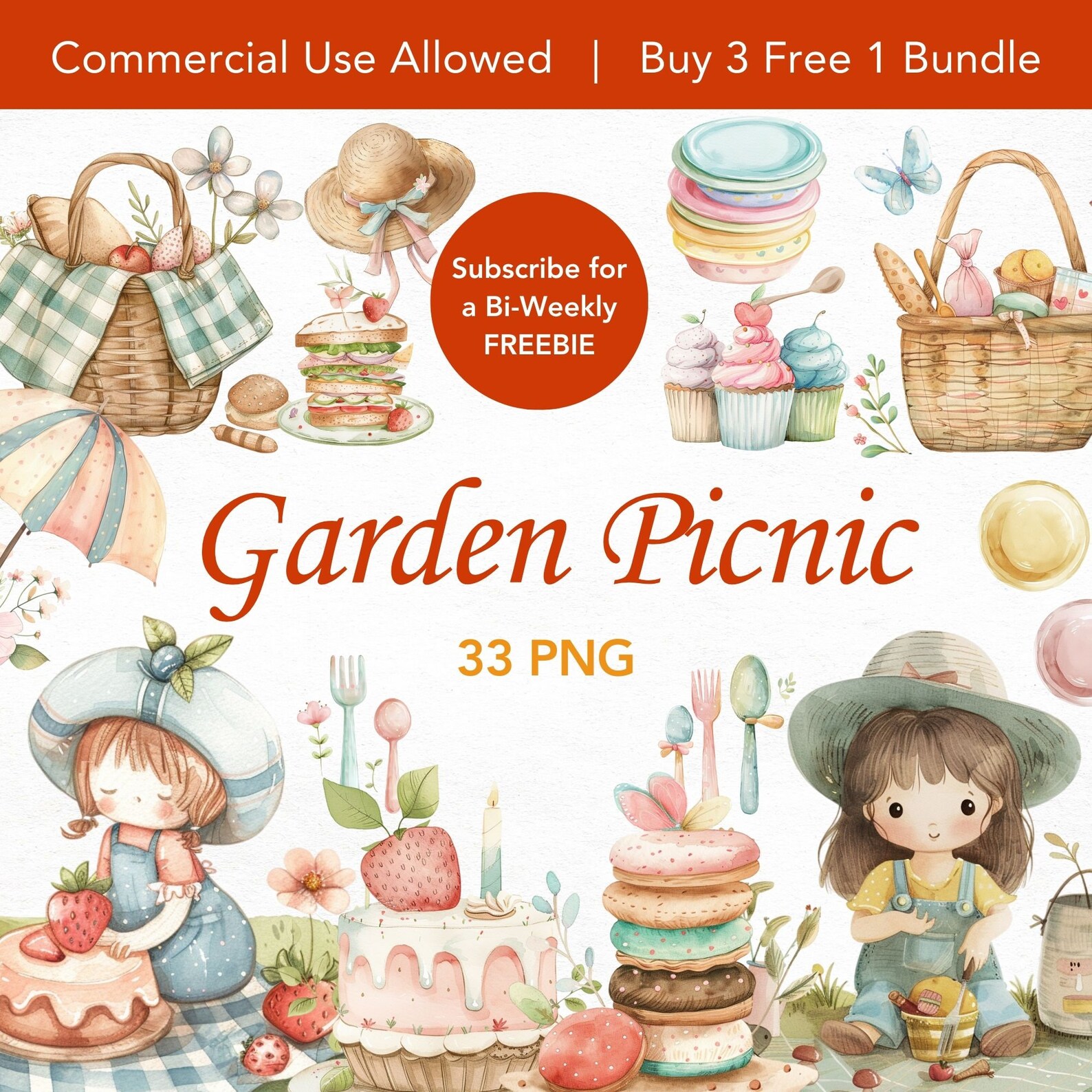 Garden Picnic PNG, Spring Garden Clipart Bundle, Watercolor Garden ...
