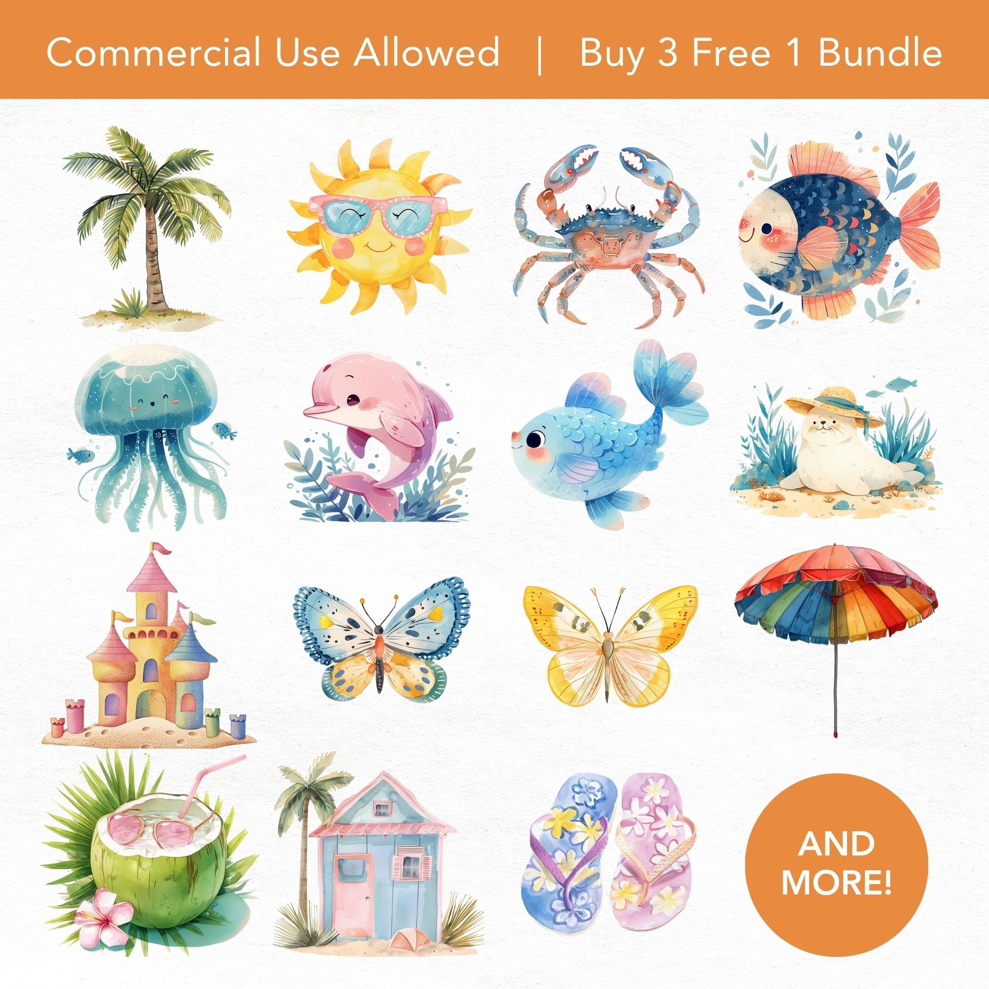 Summer Animals Clipart, Nursery Decor Elements, Watercolor Clipart ...