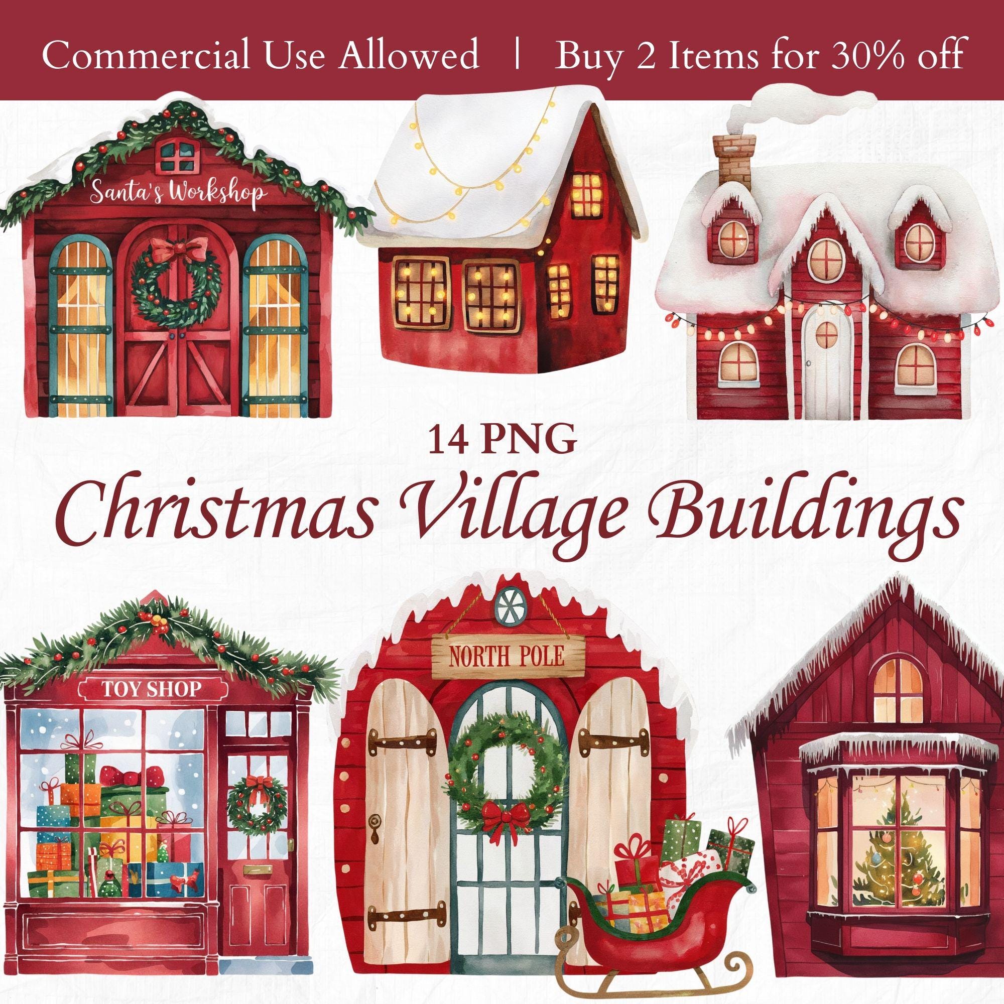 Watercolor Christmas House Clipart, Classic Santa Village Buildings PNG ...