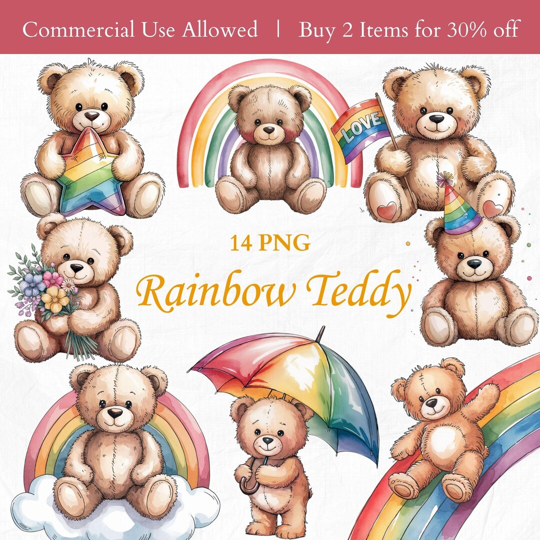 Rainbow Teddy Bear PNG Bundle, Cute Watercolor Baby Bears Clipart With ...