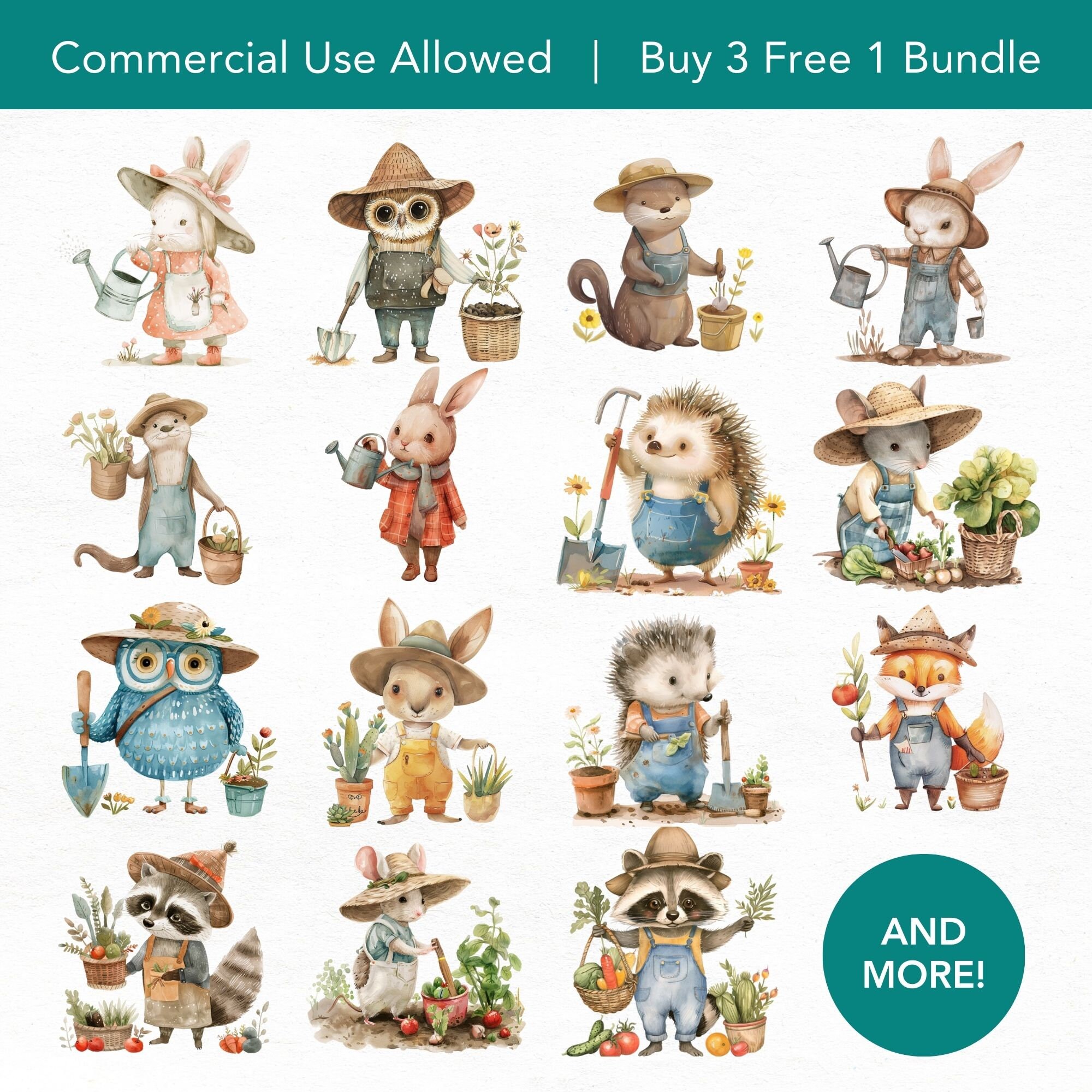 Garden Animals PNG Bundle, Cute Garden Animal Clipart, Watercolor ...