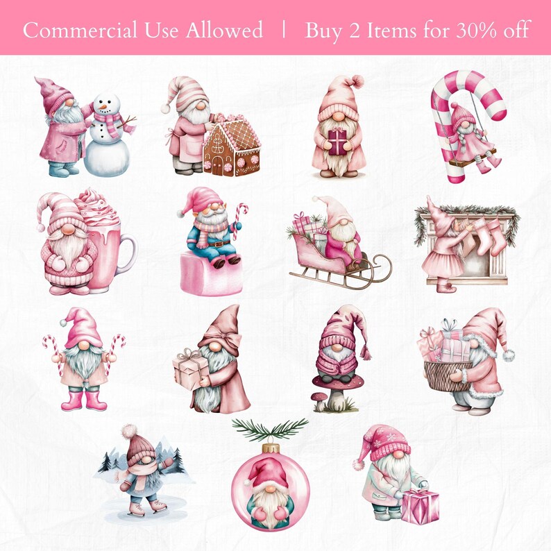 Watercolor Pink Christmas Gnome Clipart Bundle, Cute Pink Festive ...