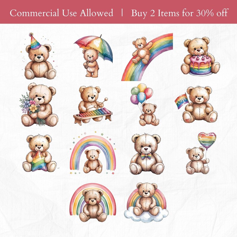 Watercolor Rainbow Bear PNG Bundle, Cute Clipart Teddy Bear With ...